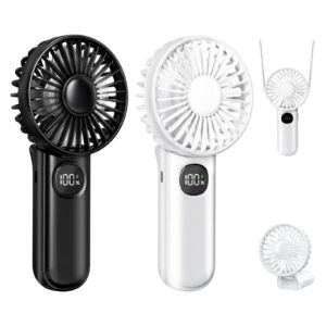 xigmer 2-pack mini portable handheld fan, 5 adjustable speeds personal fan with lanyard,180° foldable small hand fans for makeup, home, office, travel and outdoor activities black+white