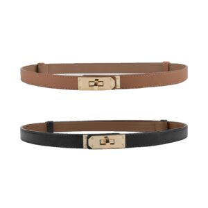 fenldy adjustable thin belts for womens skinny belts for dresses womens solid color alloy turn lock belts for jeans (gold buckle black+caramel)