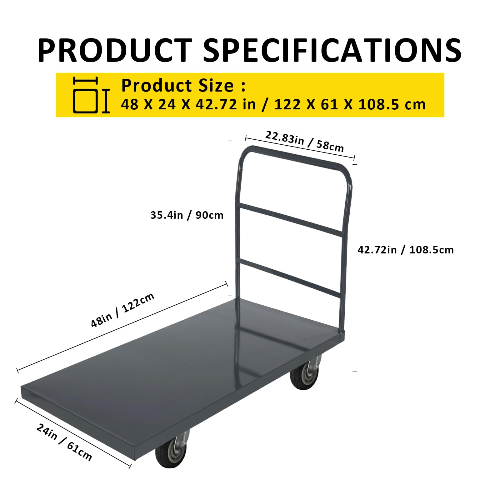 Heavy Duty Platform Truck Moving Flatbed Cart, 24"x48"Push Dolly, 2000 LBS Dolly Cart Flatform with Wheels and Handle, Steel Flatbed Cart for Luggage Moving, Shopping