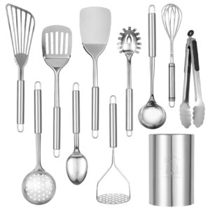 abodpove stainless steel cooking utensils set - 11pcs kitchen utensils set with holder for cooking, stainless steel utensils set with potato masher, skimmer, spoons, turners, whisk, tongs