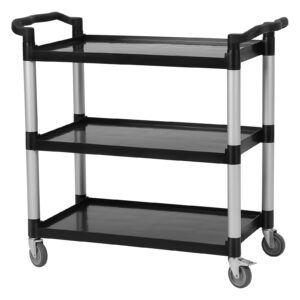 service cart heavy duty 3-shelf rolling utility/push cart with lockable wheels, 360 lbs. capacity, black, for foodservice/restaurant/cleaning