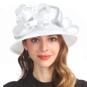 church dress hat for women kentucky derby tea party wedding hats with rhinestone(z-white)