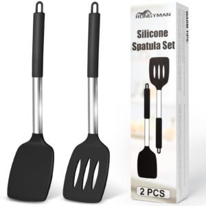 silicone turner spatula set of 2 spatulas silicone heat resistant 446°f kitchen spatulas for cooking, non stick cookware food grade, bpa free, dishwasher safe, black