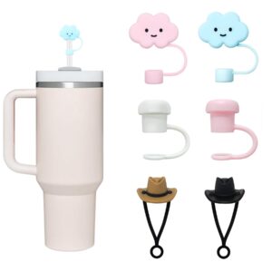 aucern 6 pcs silicone straw covers caps compatible for stanley cup 30 40 oz, 0.4in/10mm diameter cowboy hat dust-proof straw cap for water bottle, cute cloud and mushroom accessories for stanley cups