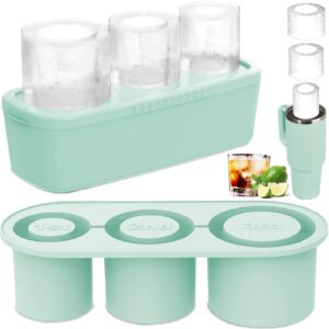 ice mold for stanley tumbler cup, 3 pcs silicone hollow cylinder ice cube tray with lid for 30oz-40oz straw tumbler, large ice cube mold for freezer, ice maker for whiskey, cocktail, coffee (green)