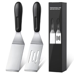 moohemoo small spatula 2pcs, mini stainless steel metal spatula set for kitchen, cutter and serve turner for serving, flipping or cooking, ideal for eggs, lasagna, brownie, cookie, cakes & pancakes