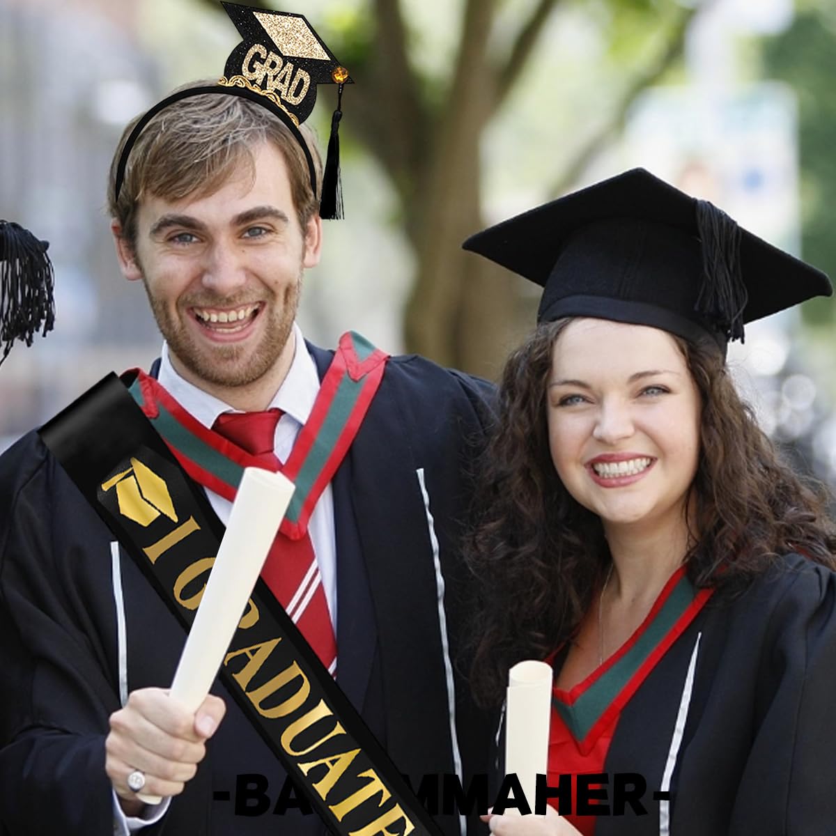 BASEMMAHER Graduation Headband and Shoulder Straps for Congrats Grad Party Supplies Bachelor Cap Headband with Doctoral Hat Black Sash Satin Tassels Tiaras for Graduation Party Dress up Favor Photo