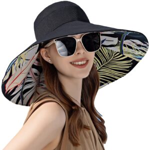 lackblue wide brim hats for women, summer sun floppy hat, double sided sun uv protection hat, travel hat, boho beach ladies hats (flower/black)