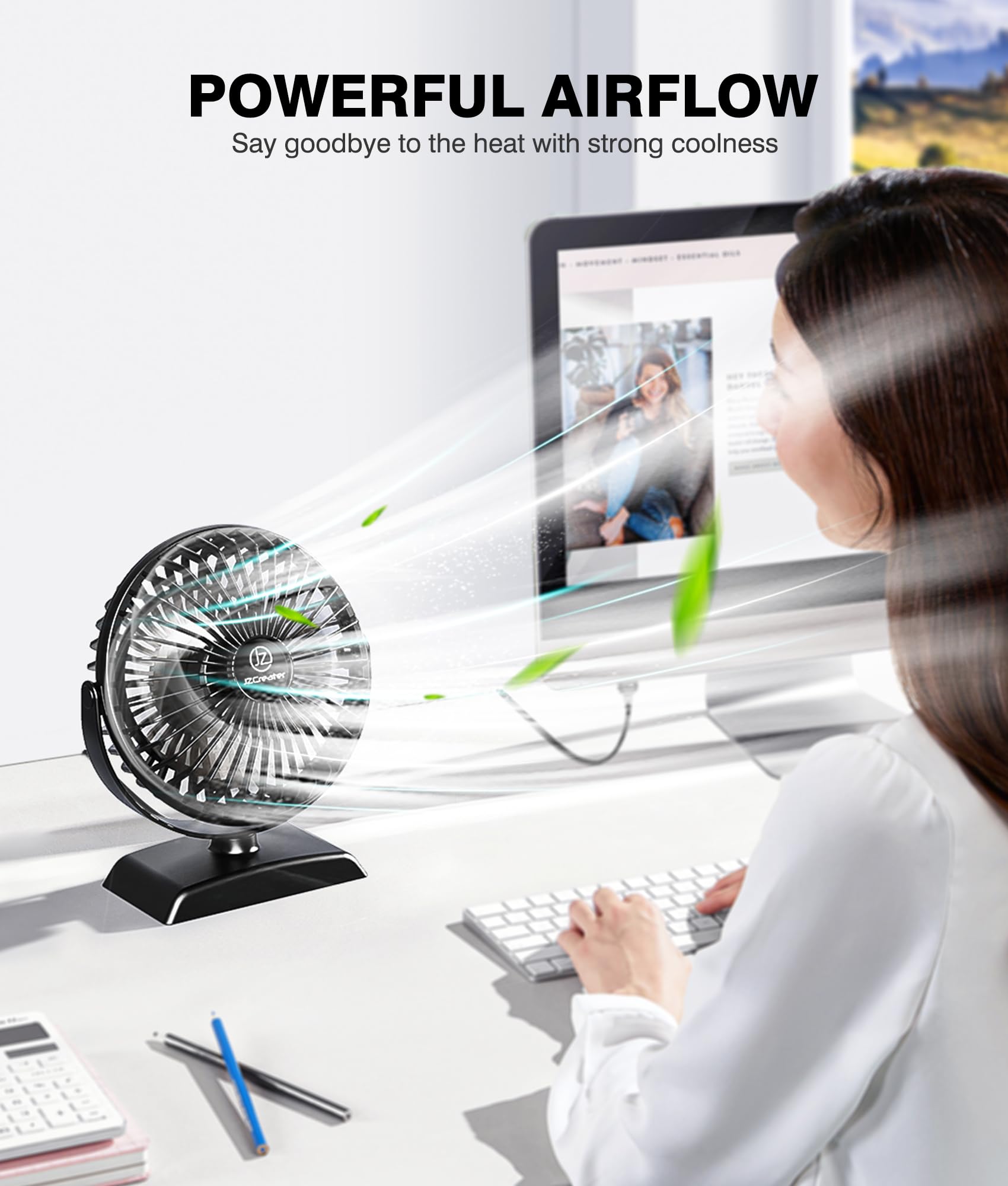 JZCreater USB Desk Fan, USB Fan Mini, 360 Rotation Desktop Fan with 3 Speed, Table Personal Cooling Fan, Quiet Mini Desk Fan, USB Powered, Small Fan for Home Office Bedroom Car Travel, Black