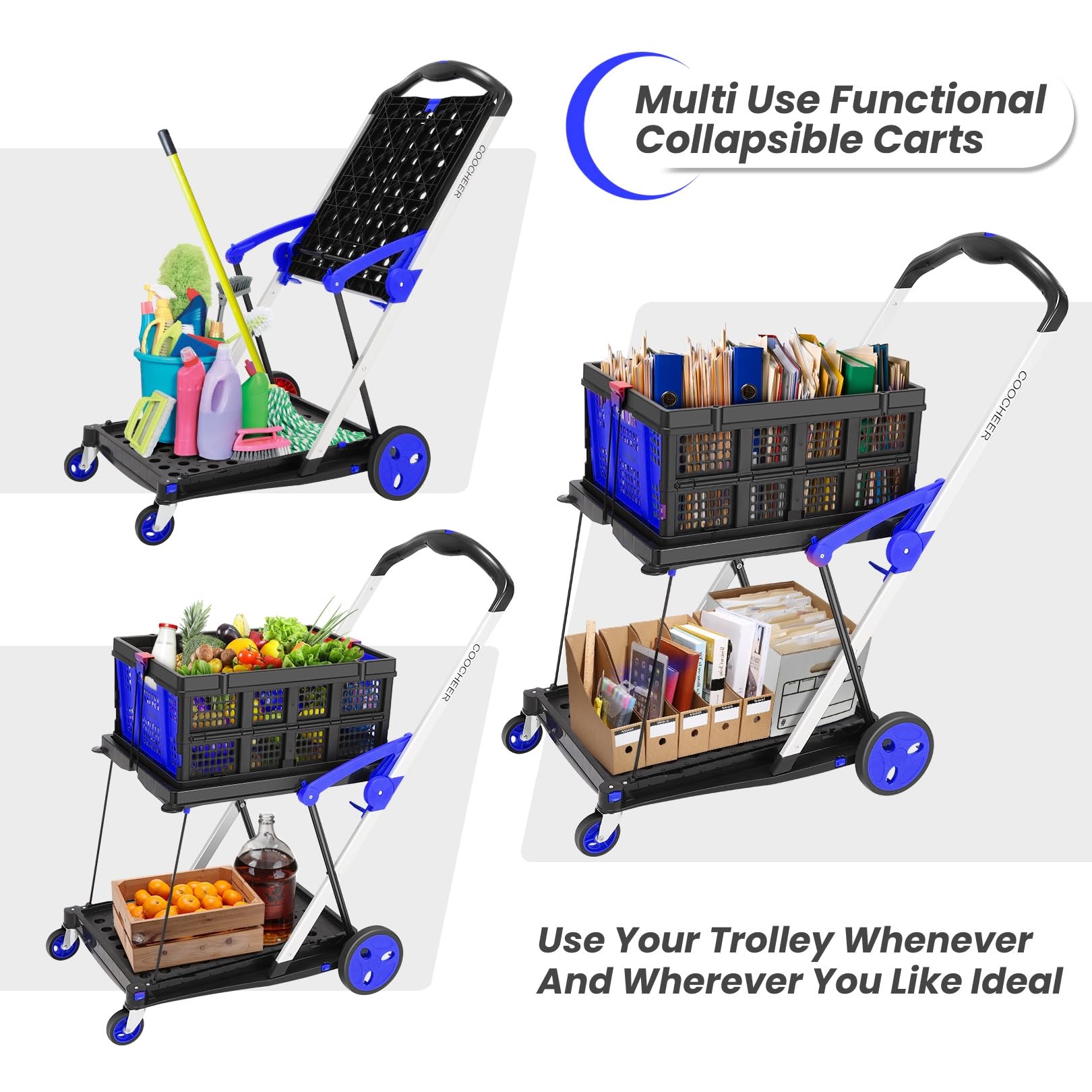 COOCHEER Collapsible Utility Cart Multifunction Collapsible Carts, Mobile Folding Trolley, Collapsible Hand Truck and Dolly, Shopping Cart with Storage Crate, Shopping Cart Folding Trolley, Blue