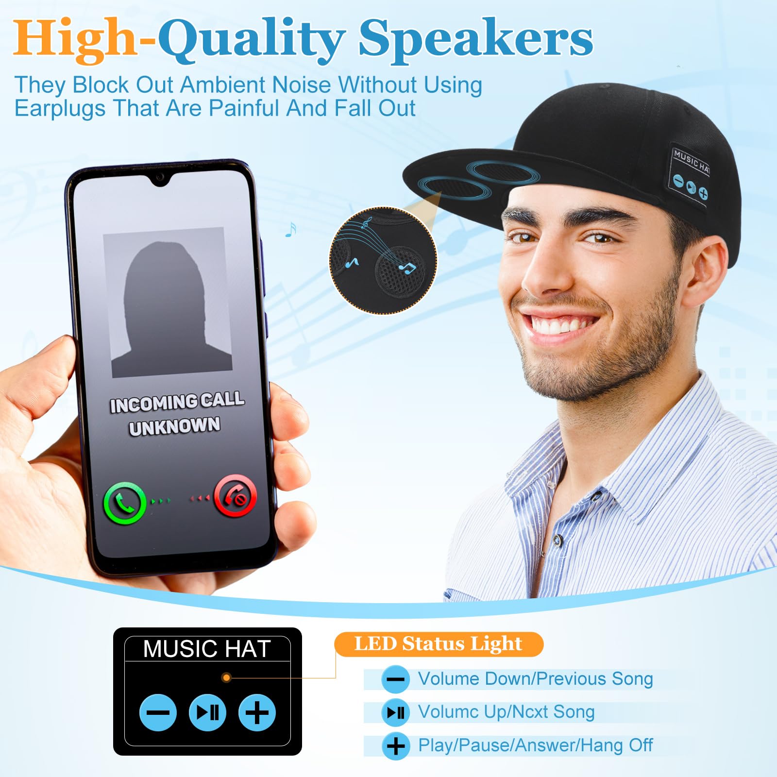 Skicuff 2 Pcs Adjustable Wireless Speaker Hat Smart Speakerphone Cap for Men Women Music Outdoor Gifts(Black)