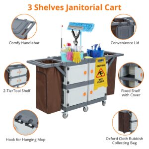 Commercial Janitorial Cart with 4 Cabinet - Black Housekeeping Caddy with Cover, Shelves, Service Cart, and Vinyl Bag