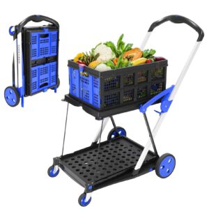 coocheer collapsible utility cart multifunction collapsible carts, mobile folding trolley, collapsible hand truck and dolly, shopping cart with storage crate, shopping cart folding trolley, blue