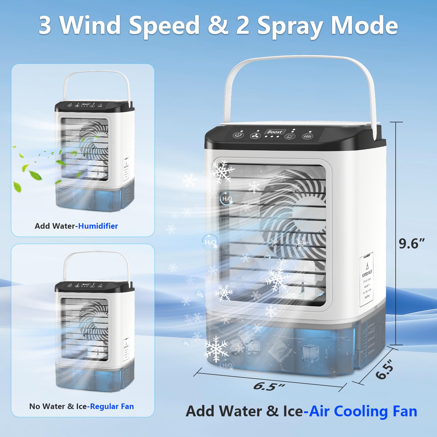 Mini Air Cooler Fan, Personal Evaporative Air Cooler with 900ml Water Tank with Ice Box, 4 in 1 Humidifier Fan, 2 Cool Mist, 7 Colors LED lights, 3 Wind Speed,10W for Home Work Camping