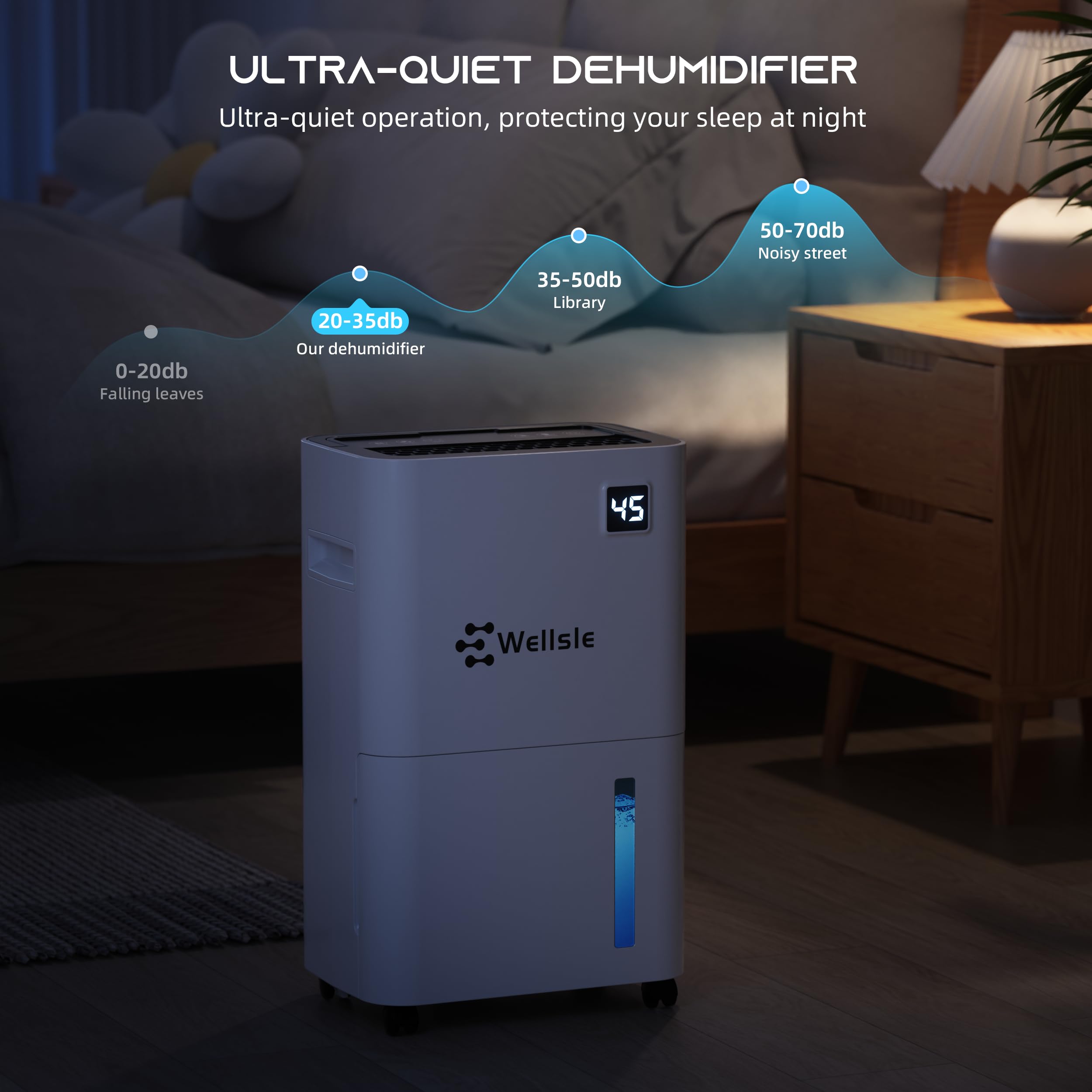 Wellsle 34 Pint Dehumidifier for Bedroom & Basement with Smart Humidity Control, 24HR Timer, Home Dehumidifier with Drain Hose for Continuous Drainage - Quiet Dehumidifier with 3 Working Modes