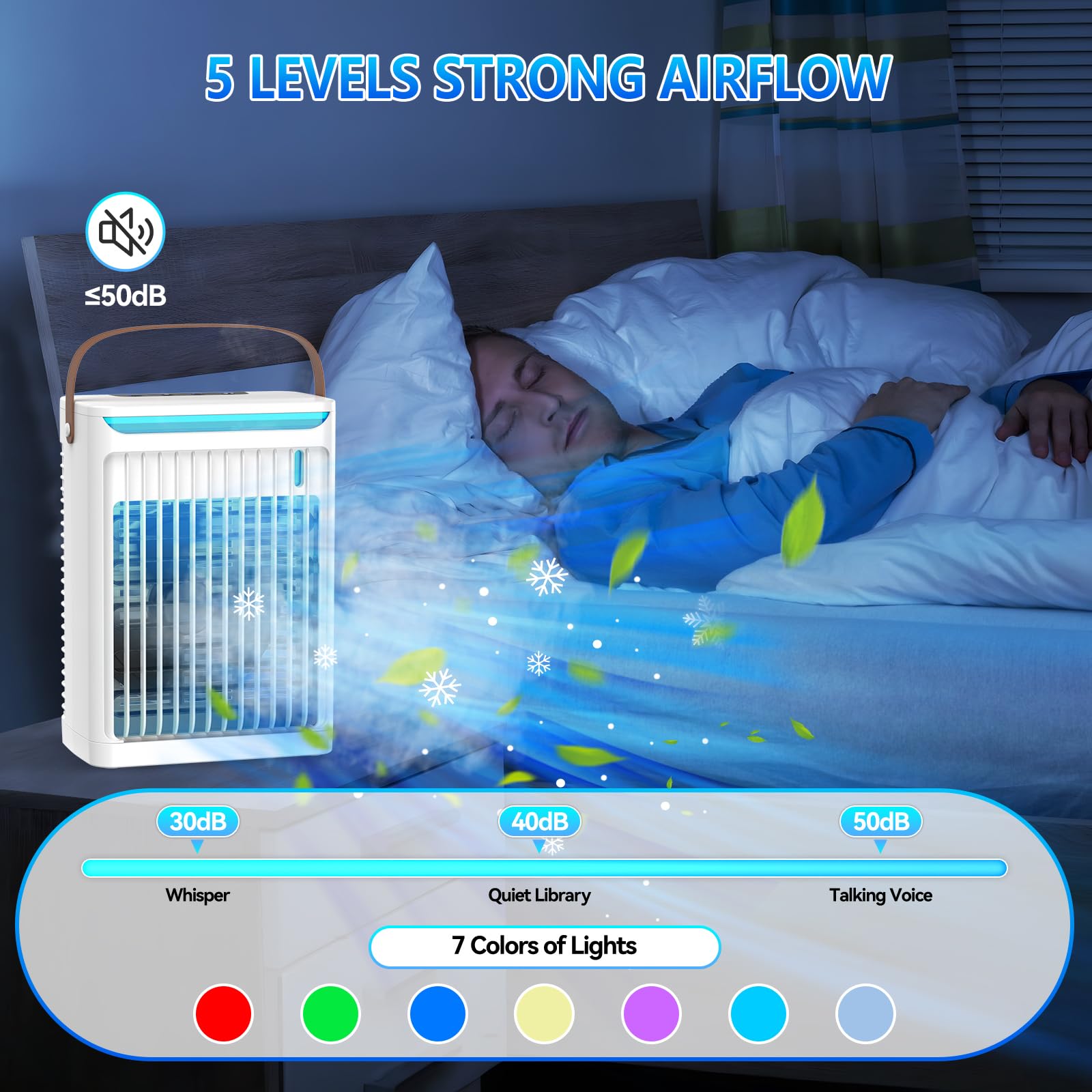 Portable Air Conditioners, Personal Mini Air Cooler Cooling Fan with 5 Wind Speeds, 680ml Evaporative Air Conditioner, 7 LED Light, 2 Cool Mist Air Conditioners Humidifier Fan for Room Bedroom Office