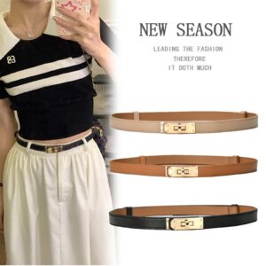 FENLDY Adjustable Thin Belts For Womens Skinny Belts For Dresses Womens Solid Color Alloy Turn Lock Belts For Jeans (Gold buckle Black+Caramel)