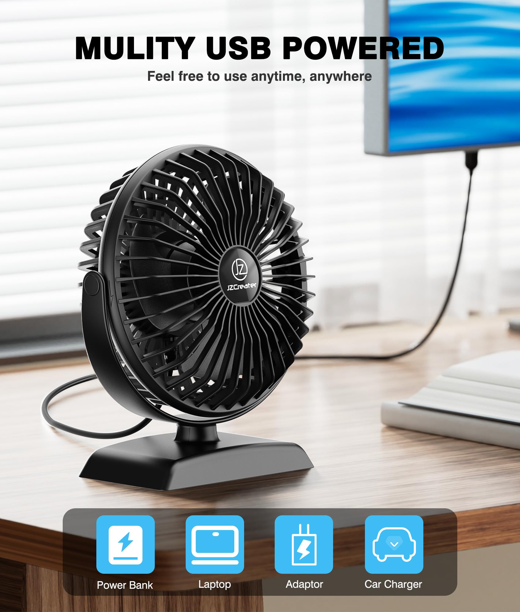 JZCreater USB Desk Fan, USB Fan Mini, 360 Rotation Desktop Fan with 3 Speed, Table Personal Cooling Fan, Quiet Mini Desk Fan, USB Powered, Small Fan for Home Office Bedroom Car Travel, Black