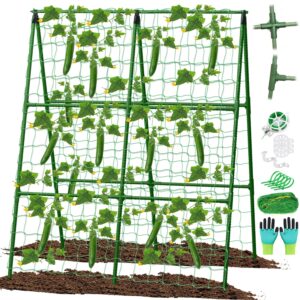 cucumber trellis for raised beds, 31 x 47 inch adjustable size a-frame garden trellis for climbing plant outdoors with climbing net and plant support clip for vegetable grape tomato garden supplies