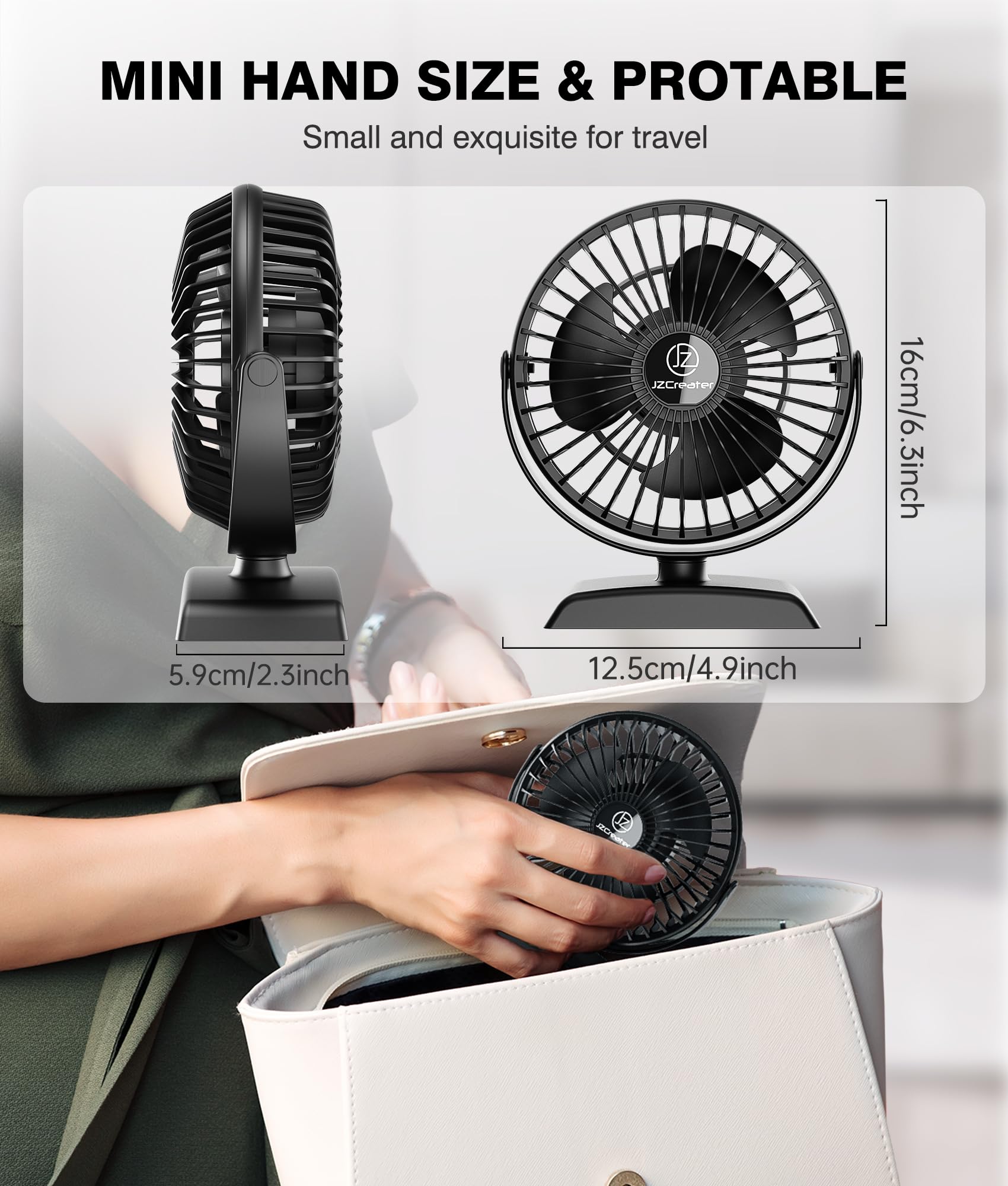 JZCreater USB Desk Fan, USB Fan Mini, 360 Rotation Desktop Fan with 3 Speed, Table Personal Cooling Fan, Quiet Mini Desk Fan, USB Powered, Small Fan for Home Office Bedroom Car Travel, Black