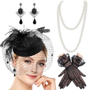 black vintage feather fascinators hats pillbox hat set 20s 50s top hat lace gloves pearl jewelry set for women halloween cocktail tea party wedding