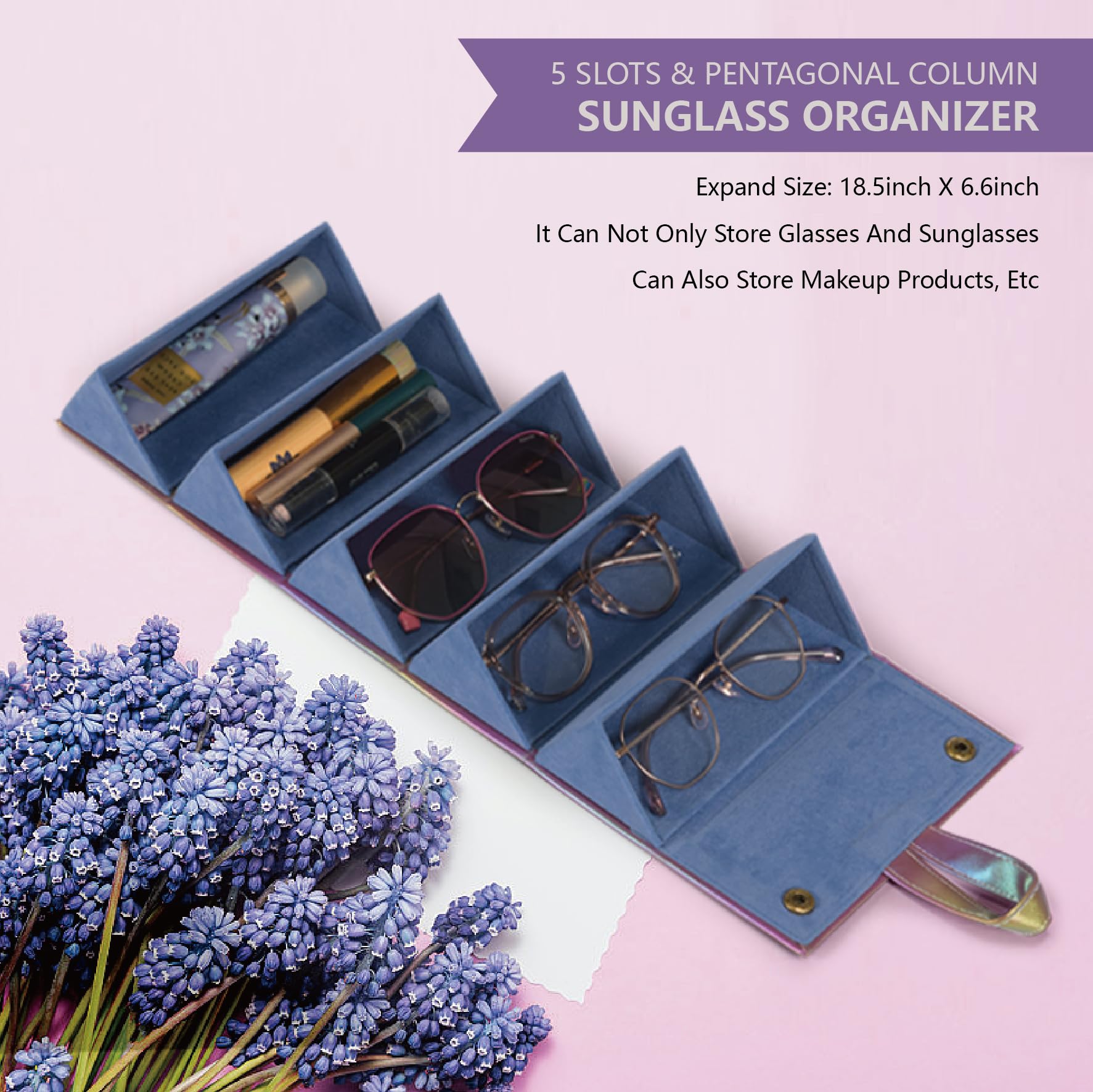 FCUVO Travel Sunglass Organizer, Portable Multiple PU Eyeglass Case, 5-Slot Glasses Storage with Sunglasses Pouch & Mirror (Gradient Purple)