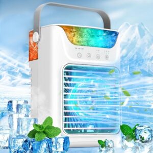 portable air conditioners fan, 2024 upgraded mini air conditioners evaporative air cooler with 3 cool mist & speeds, 3 timer 7 color led, small air conditioner portable for room office camping car