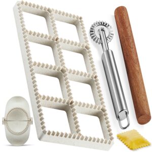 mumsung ravioli maker press, ravioli press mold set - 1.85" squares ravioli stamp maker cutter with wood rolling pin, 2.6" empanada maker press kit and ravioli wheel, makes 8 ravioli