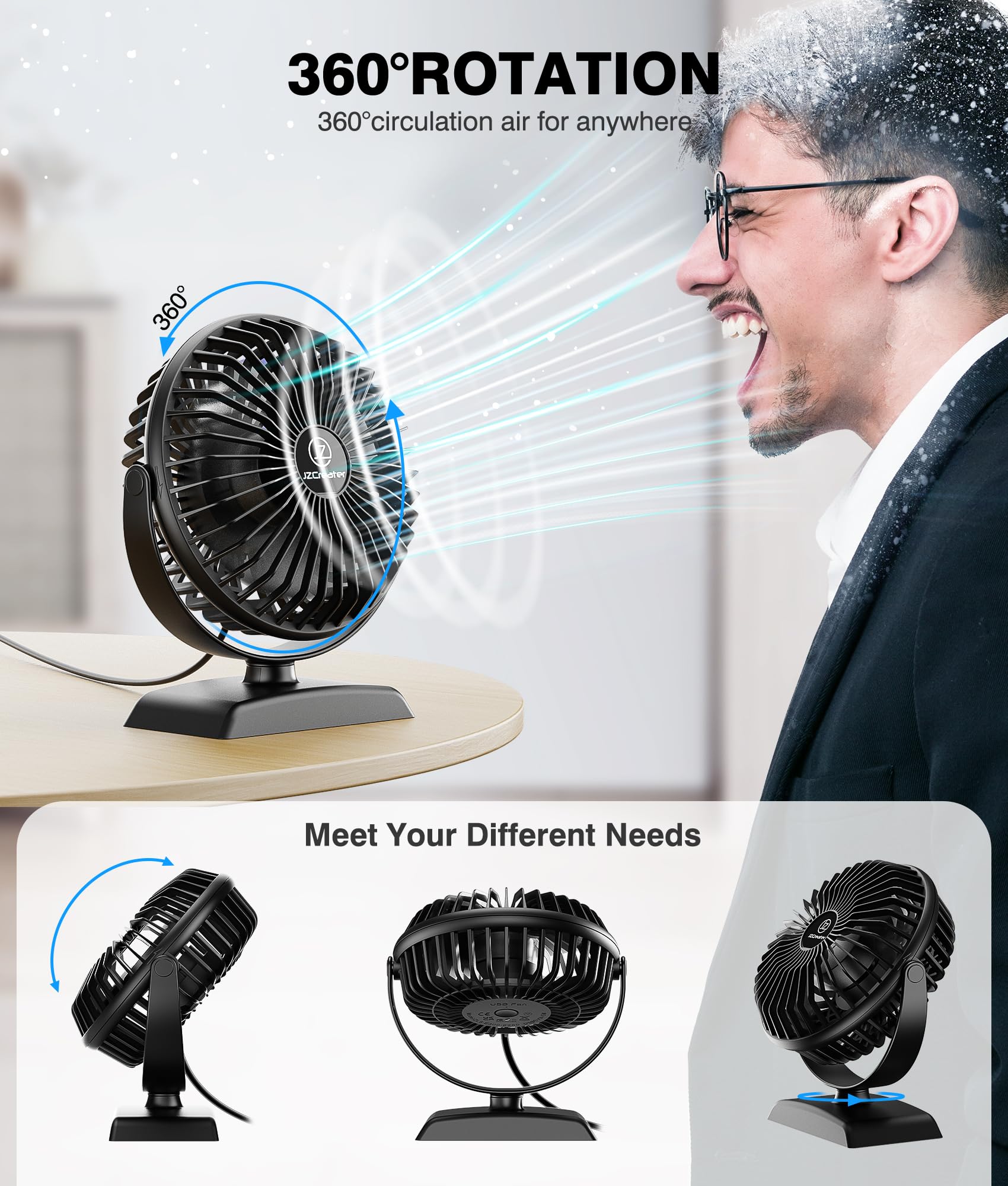 JZCreater USB Desk Fan, USB Fan Mini, 360 Rotation Desktop Fan with 3 Speed, Table Personal Cooling Fan, Quiet Mini Desk Fan, USB Powered, Small Fan for Home Office Bedroom Car Travel, Black