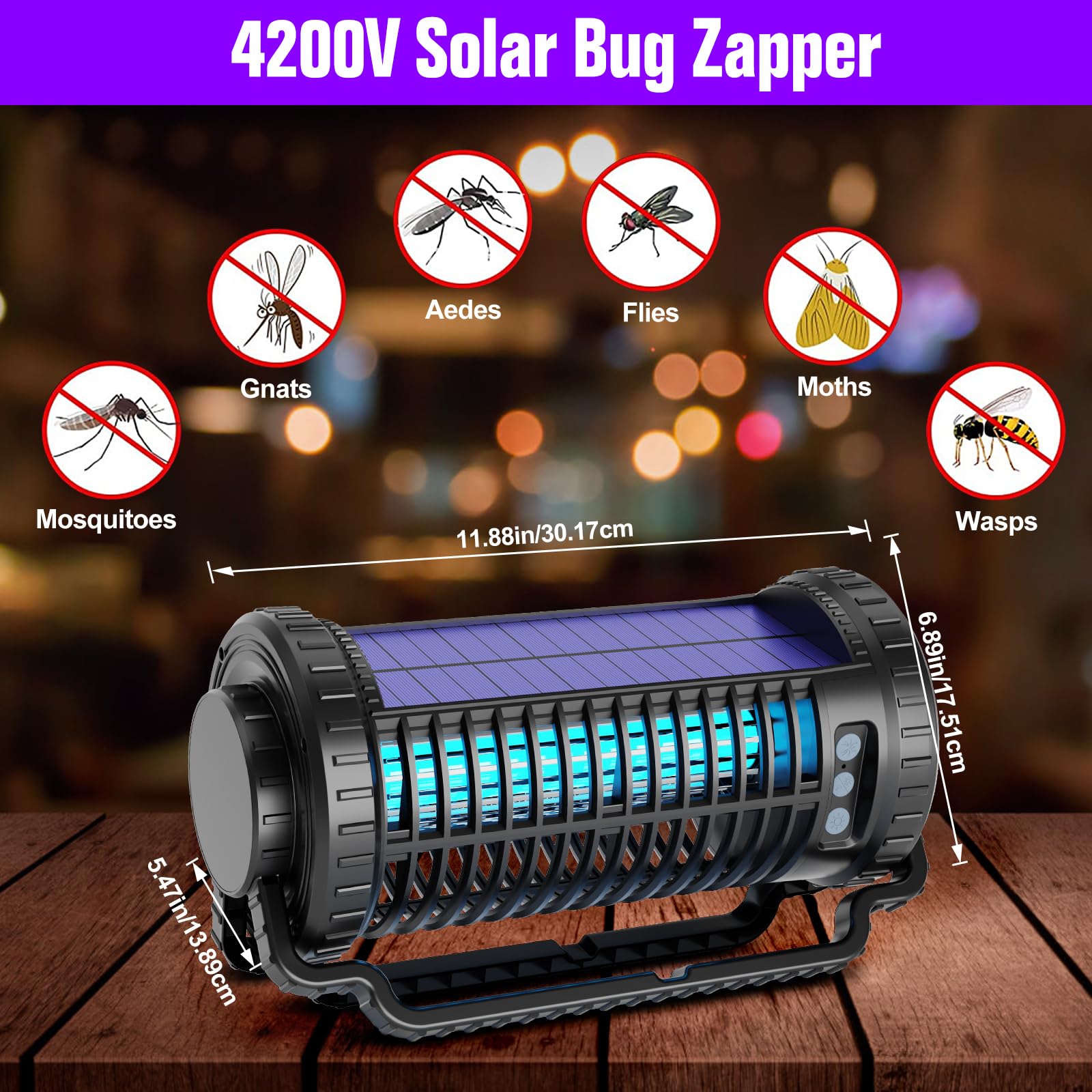 LEMYZO Solar Bug Zapper Outdoor, Upgraded Mosquito Zapper with Smart Light Sensor, 4000mAh Rechargeable Cordless Mosquito Killer with LED Lamp, High Powered Fly Trap for Patio, Backyard, Home,Camping