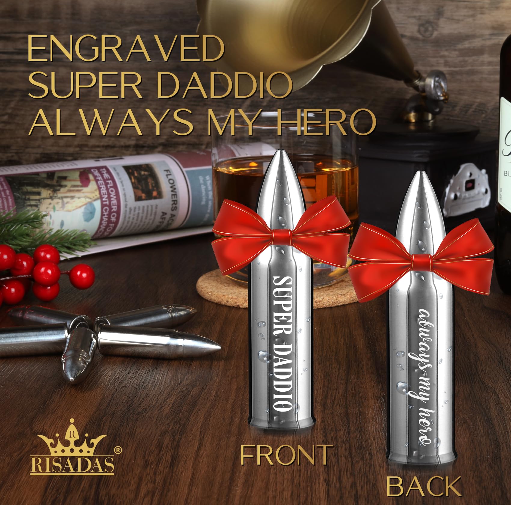 Fathers Day Dad Gifts - Gifts for Dad, Fathers Day Present Ideas - “Super Daddio” Dad Birthday Gift, Dad Gifts from Daughter, Son - Whiskey Stones Gifts for Dad Papa, Fathers Gifts