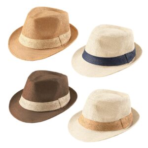 forwe 4 pack straw fedora hat for men women short brim trilby hat classic panama summer beach sun hat (b-01)