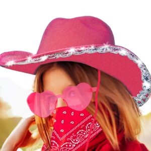 Cowboy Hat Pink Cowgirl Hat with Sequins & Tiara Crown for Women Rodeo Party Hats with Heart Glasses (Felt, Hot Pink)