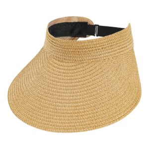 straw sun visors womens, ponytail beach straw visor, packable summer sun hats for women travel khaki