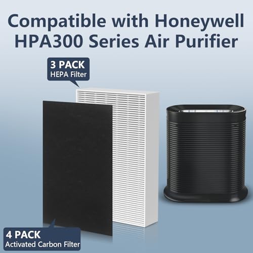 3 Pack HPA300 HEPA Filter Replacement for Honeywell HPA300 Series Air Purifiers HPA300, HPA300VP, HPA304, HPA3300, Replace HRF-R3(3 Ture HEPA R Replacement Filter + 4 Activated Carbon Pre-Filter)