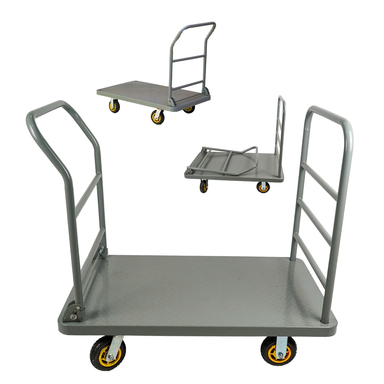 biosp 2200lbs Foldable Steel Panel Truck Cart, 2IN1 Heavy Duty Platform Truck Cart with Detachable Guardrail, 42“×25” Swivel Casters, Dolly Large Flatbed, Rolling Utility Grocery Hand Truck Cart