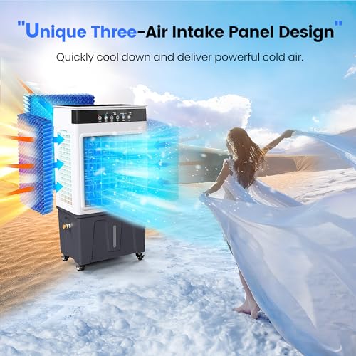 Evaporative Air Cooler, 3500CFM 3-in-1 Swamp Cooler with 7.5Gal Water Tank, 120° Oscillation, 3 Speeds 3 Modes, 4 Ice Packs, 12H Timer, Remote, Portable Air Conditioner for Room, Home & Office