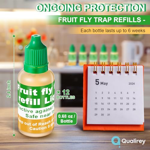 Qualirey 12 Pack Fruit Fly Trap Refill Liquid, 0.68oz Per Bottle Liquid Fly Traps for Indoors, Non Toxic Bait Safe Near Pets, Food and Kids, Fruit Fly Lure Refill Liquid Trap for Home Kitchen