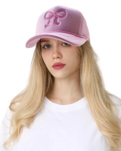 henwasai womens bow embroidered trucker hat trendy mesh baseball cap adjustable snapback cap summer girls rope hat (pink)