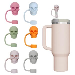 6 pcs cute skull straw covers cap for stanley cup 30 40 oz, 10mm 0.4in silicone reusable drinking straw toppers, funny tumbler accessories for halloween christmas gifts