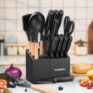 Knife Set, TUUMIIST 18PCS Kitchen Knife Sets with Block and Sharpener, Kitchen Utensils Set, Removable Utensil Holder (Black)-Precision Cutting, Effortless Sharpening, Convenient Organization