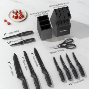 Knife Set, TUUMIIST 18PCS Kitchen Knife Sets with Block and Sharpener, Kitchen Utensils Set, Removable Utensil Holder (Black)-Precision Cutting, Effortless Sharpening, Convenient Organization