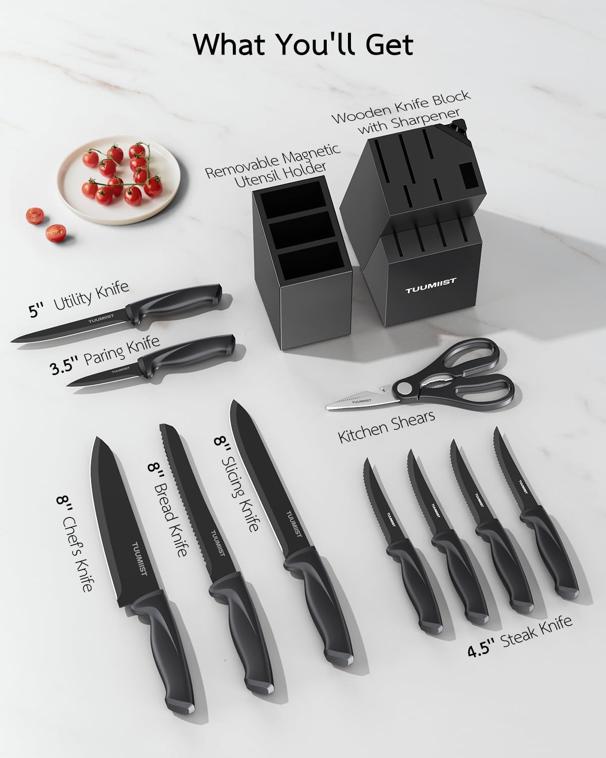 Knife Set, TUUMIIST 18PCS Kitchen Knife Sets with Block and Sharpener, Kitchen Utensils Set, Removable Utensil Holder (Black)-Precision Cutting, Effortless Sharpening, Convenient Organization