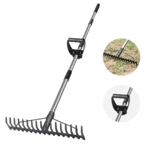 bow rake, heavy duty garden rake with back-saving handle,17 steel tines metal head rake tool,for loosening soil gathering leaf leveling lawn farming land management yarn thatch rake