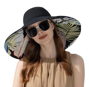 super wide brim sun hat for women packable reversible double-side-wear hats uv protection summer beach bucket cap black