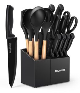 knife set, tuumiist 18pcs kitchen knife sets with block and sharpener, kitchen utensils set, removable utensil holder (black)-precision cutting, effortless sharpening, convenient organization