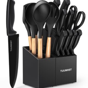 Knife Set, TUUMIIST 18PCS Kitchen Knife Sets with Block and Sharpener, Kitchen Utensils Set, Removable Utensil Holder (Black)-Precision Cutting, Effortless Sharpening, Convenient Organization