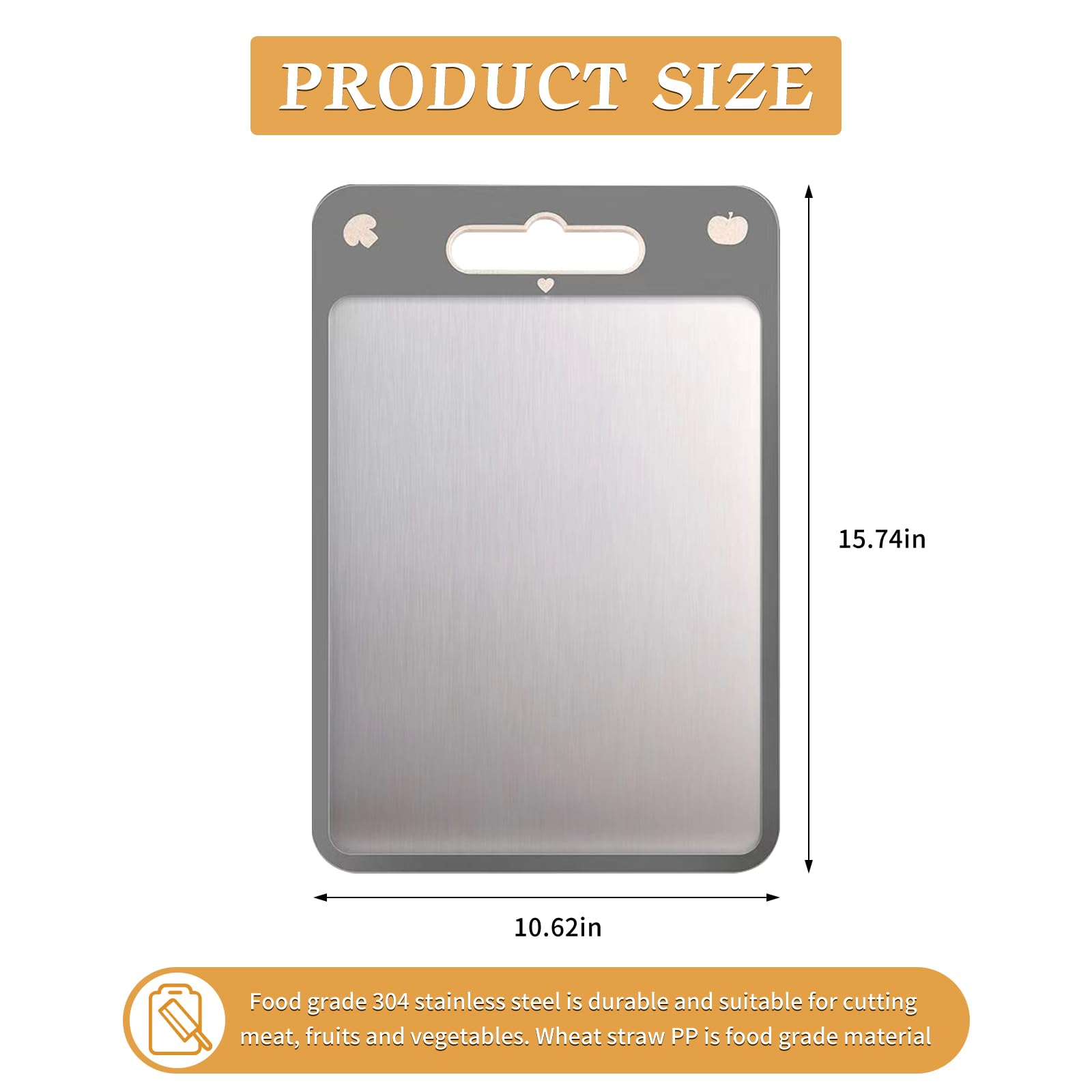 Cutting Board Double Sided,Stainless Steel Cutting Board for Kitchen, Food-Grade, Stainless Steel and Wheat Straw PP, Easy to Clean Large Cutting Board