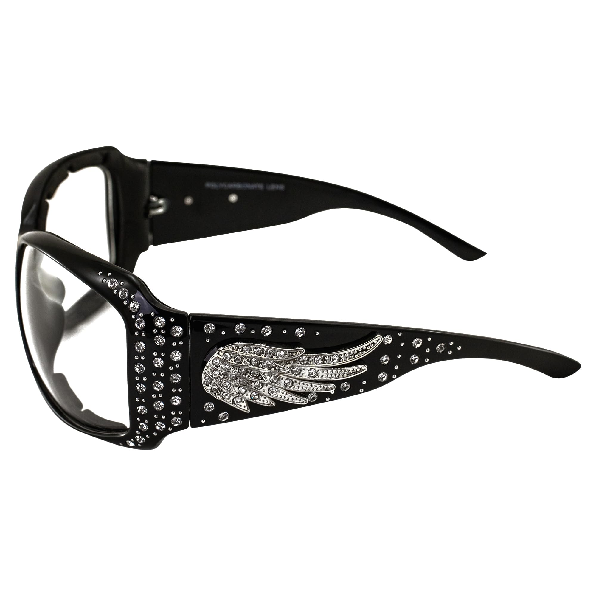 Rodeo Queen Angel Plus Padded Motorcycle Sunglasses Womens 2 Pair Black Frame Rhinestone Sunglasses w/Silver Wing Accent Clear & Gradient Smoke Lenses