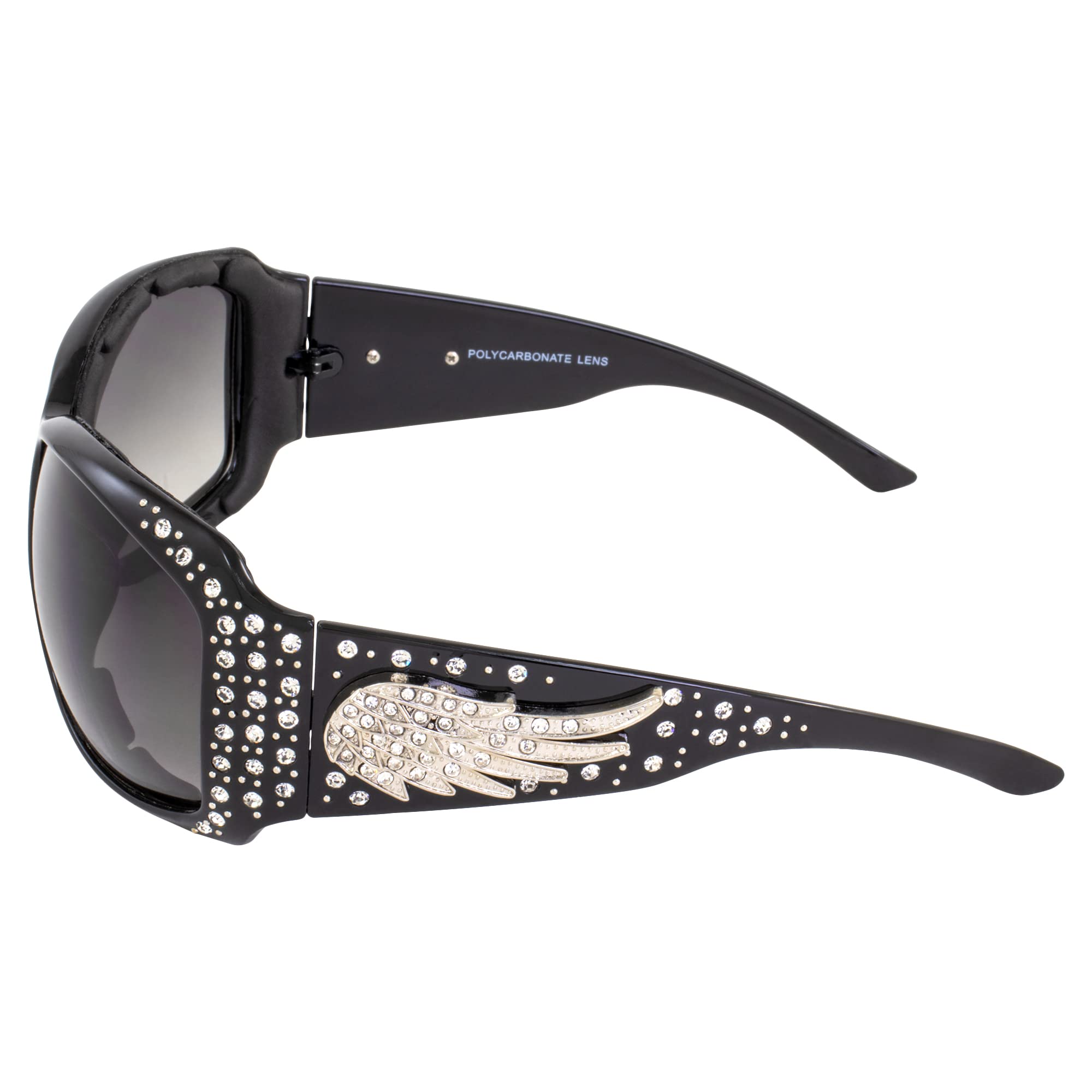 Rodeo Queen Angel Plus Padded Motorcycle Sunglasses Womens 2 Pair Black Frame Rhinestone Sunglasses w/Silver Wing Accent Clear & Gradient Smoke Lenses